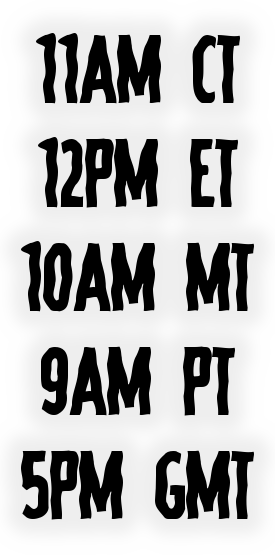 11AM CT 12PM ET 10AM MT 9AM PT 5PM GMT logo. Free logo maker.