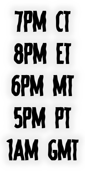 7PM CT 8PM ET 6PM MT 5PM PT 1AM GMT logo. Free logo maker.
